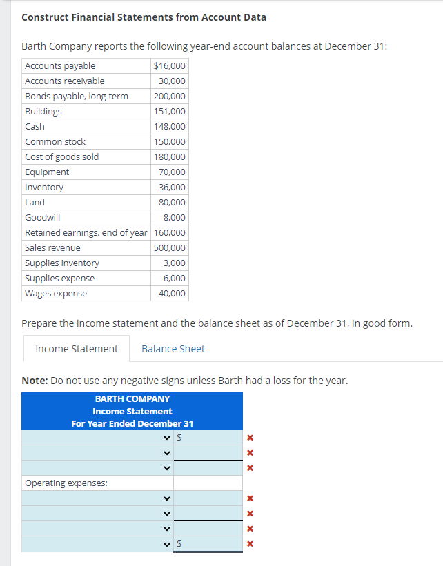 Solved Construct Financial Statements from Account DataBarth | Chegg.com