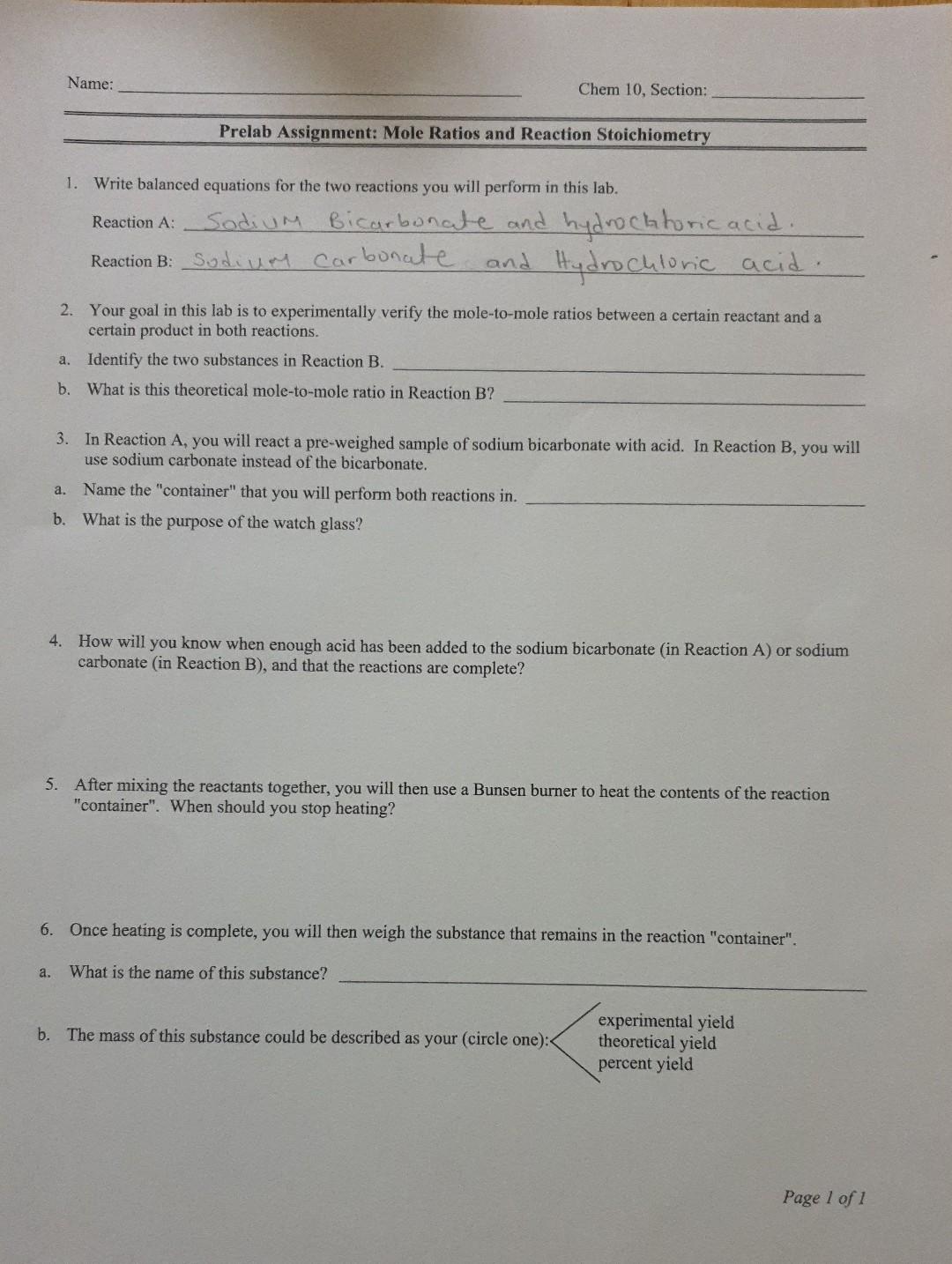 Solved Name: Chem 10, Section: Prelab Assignment: Mole | Chegg.com
