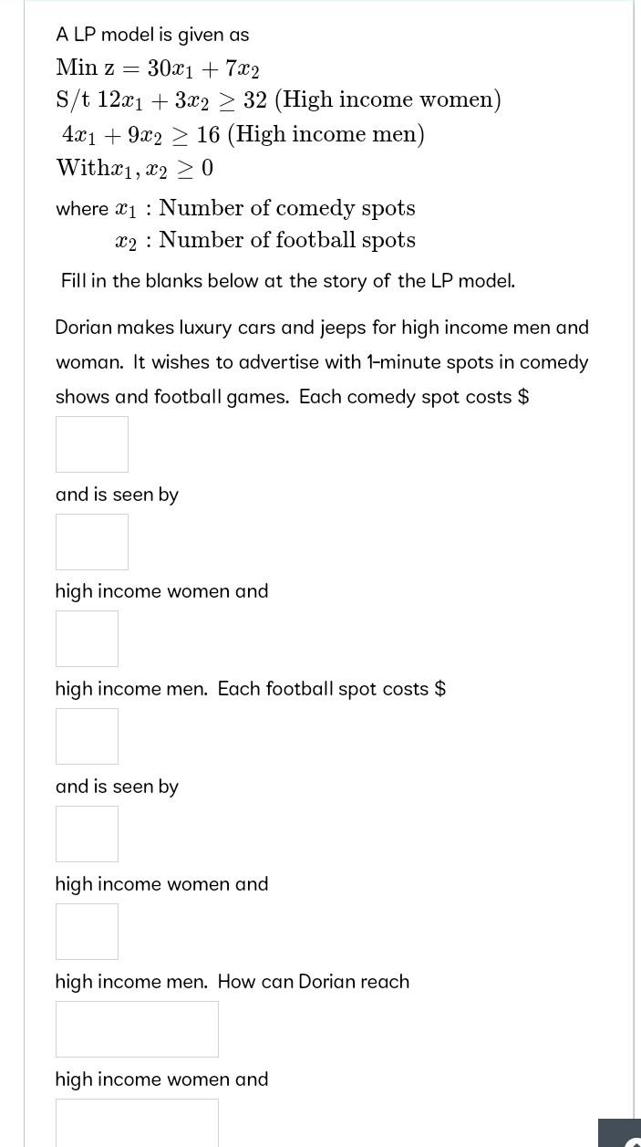 Solved A LP model is given as Min z 30x1 + 7x2 S/t 12x1 + | Chegg.com