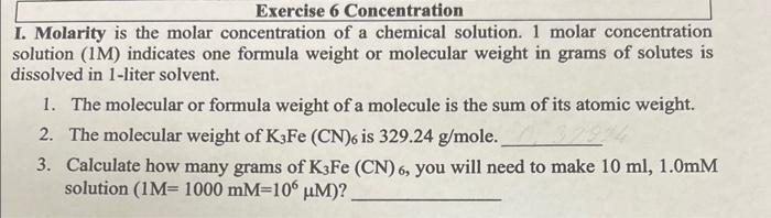 Solved I. Molarity is the molar concentration of a chemical | Chegg.com