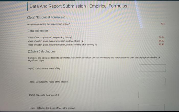 Solved Data And Report Submission - Empirical Formulas | Chegg.com