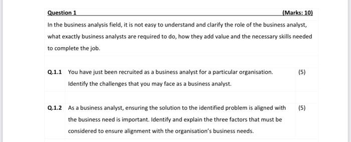 Solved Question 1 (Marks: 10) In the business analysis | Chegg.com