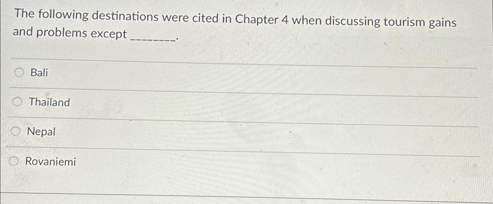 Solved The following destinations were cited in Chapter 4 | Chegg.com