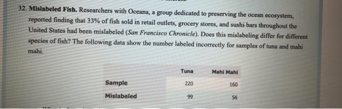 Solved 32. Mislabeled Fish. Researchers with Oceana, a group | Chegg.com