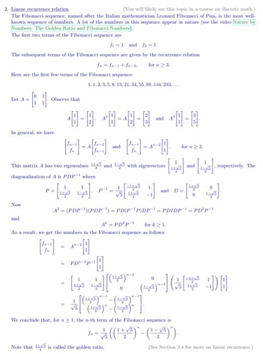 Solved 2. Linear recurtence relation (You will likely see | Chegg.com