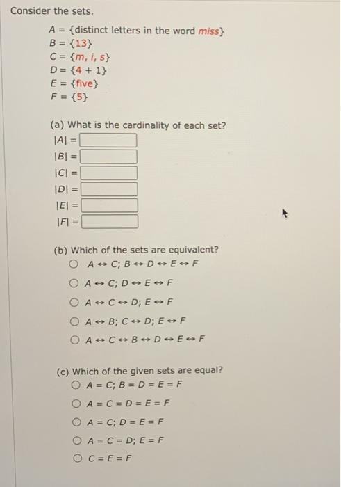 Solved Consider the sets. A = {distinct letters in the word | Chegg.com