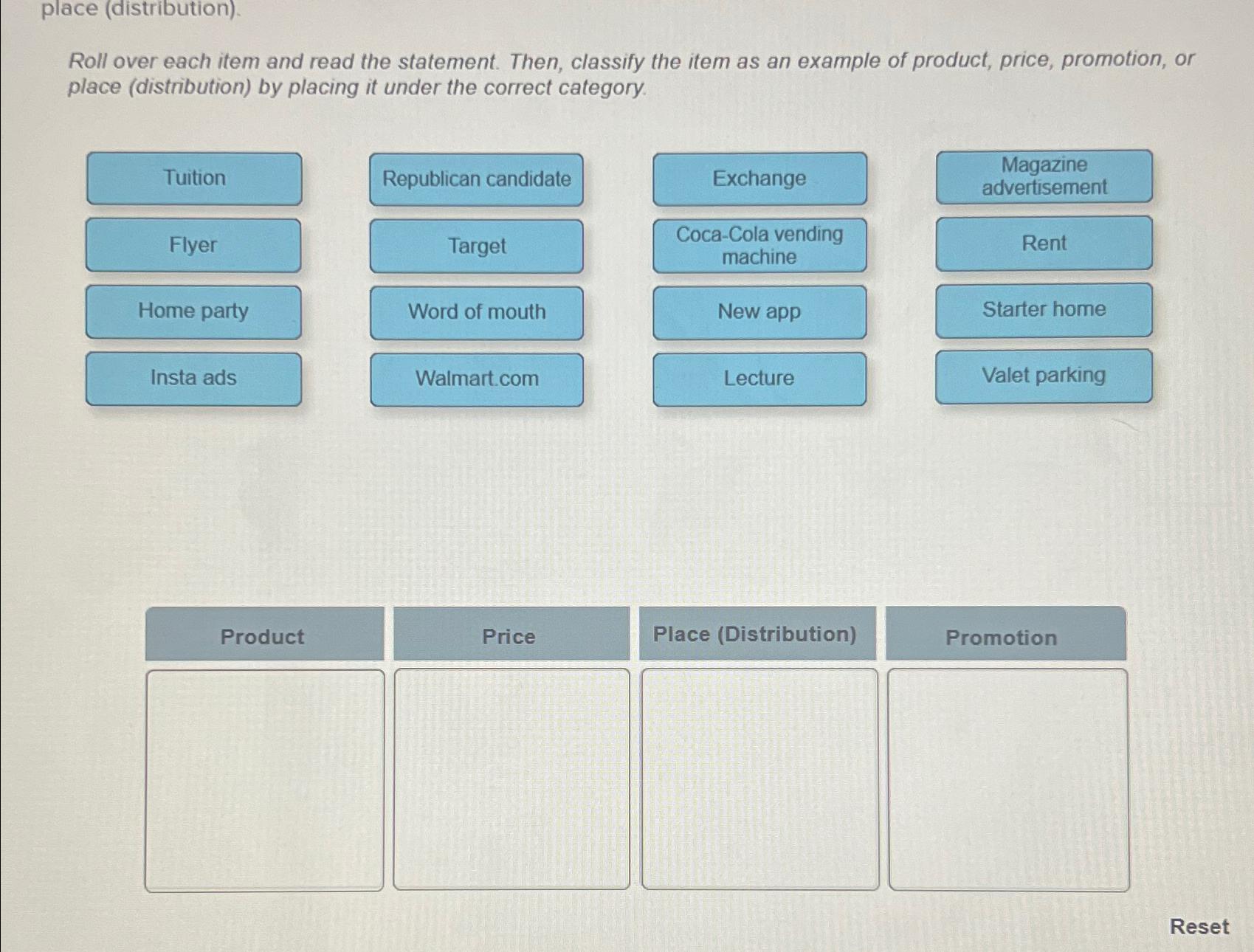 Solved place (distribution).Roll over each item and read the | Chegg.com