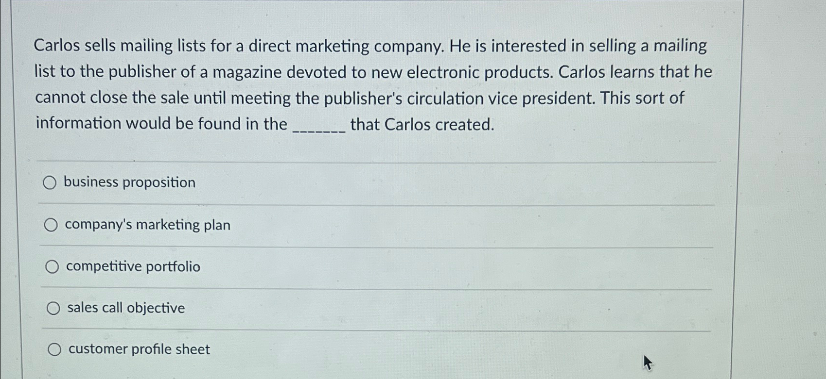 Solved Carlos sells mailing lists for a direct marketing | Chegg.com