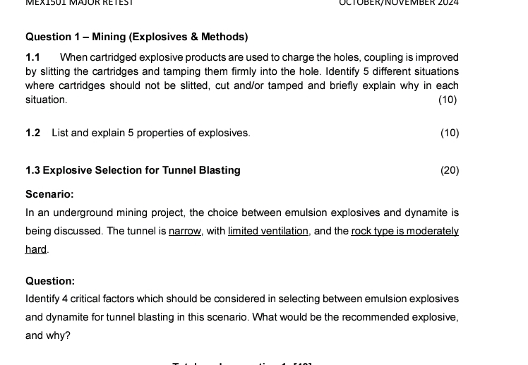 Solved Question 1 - ﻿Mining (Explosives & Methods)1.1 ﻿When | Chegg.com