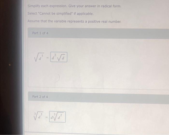 Solved Simplify each expression. Give your answer in radical | Chegg.com
