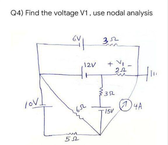 Solved Q4) Find the voltage V1, use nodal analysis 6V EVE 32 | Chegg.com