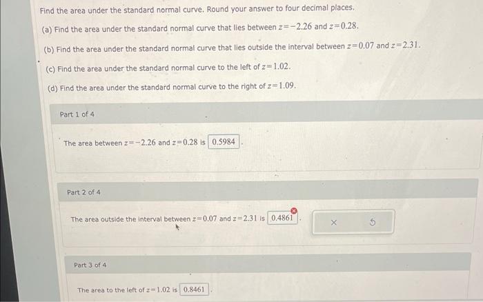 Solved Find the area under the standard normal curve. Round | Chegg.com