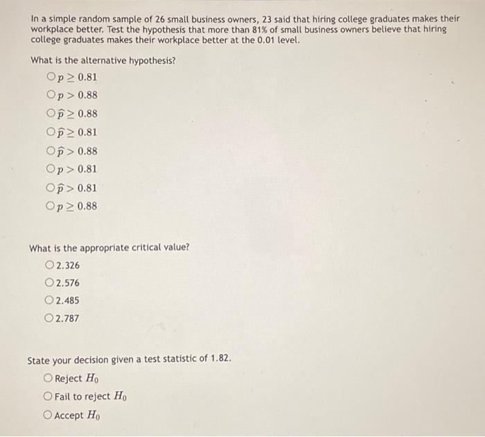 Solved In a simple random sample of 26 small business | Chegg.com
