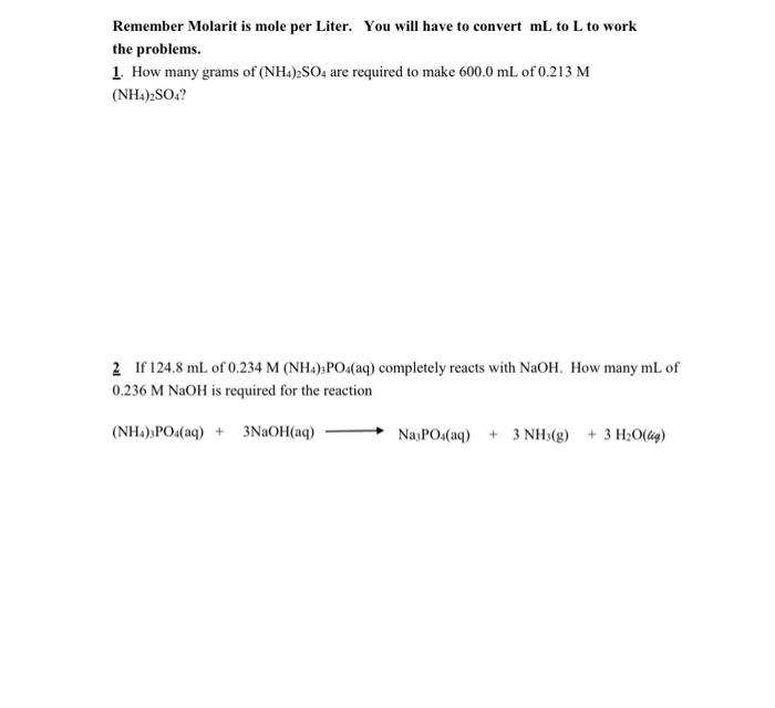 Solved Remember Molarit is mole per Liter. You will have to | Chegg.com