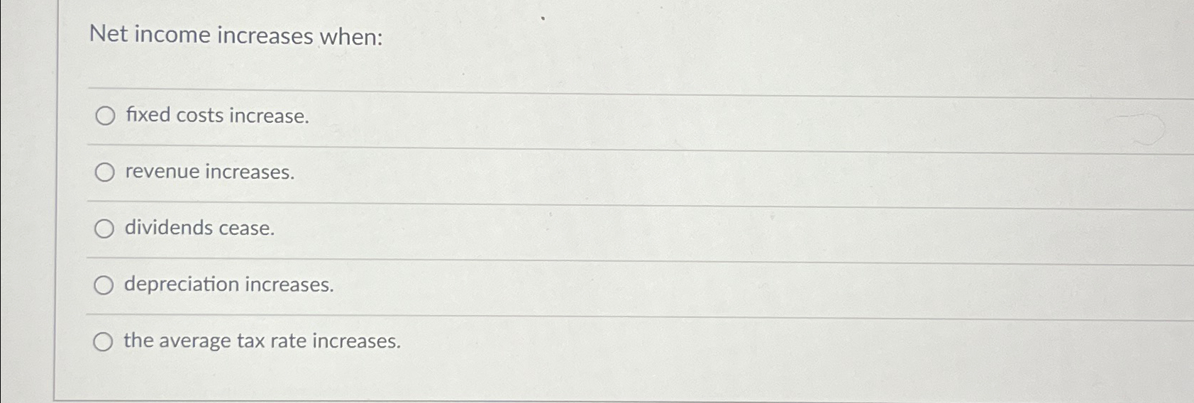 Solved Net income increases when:fixed costs | Chegg.com