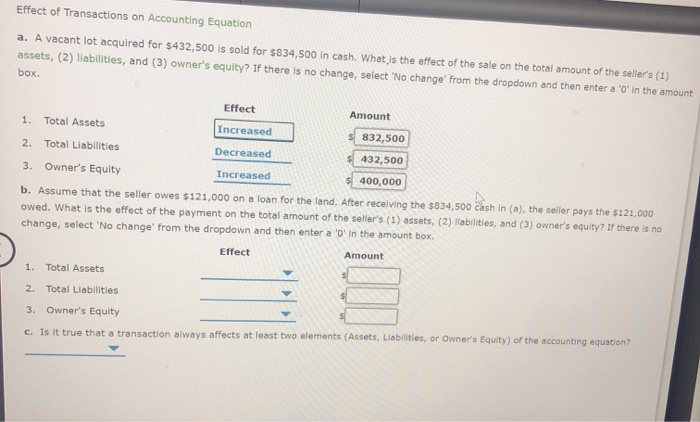 Solved Effect Of Transactions On Accounting Equation A A
