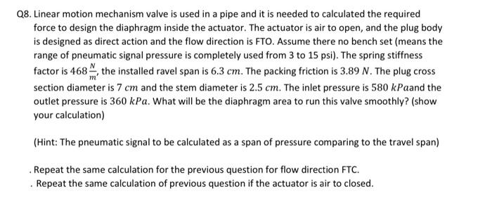 Solved Q8. Linear motion mechanism valve is used in a pipe | Chegg.com