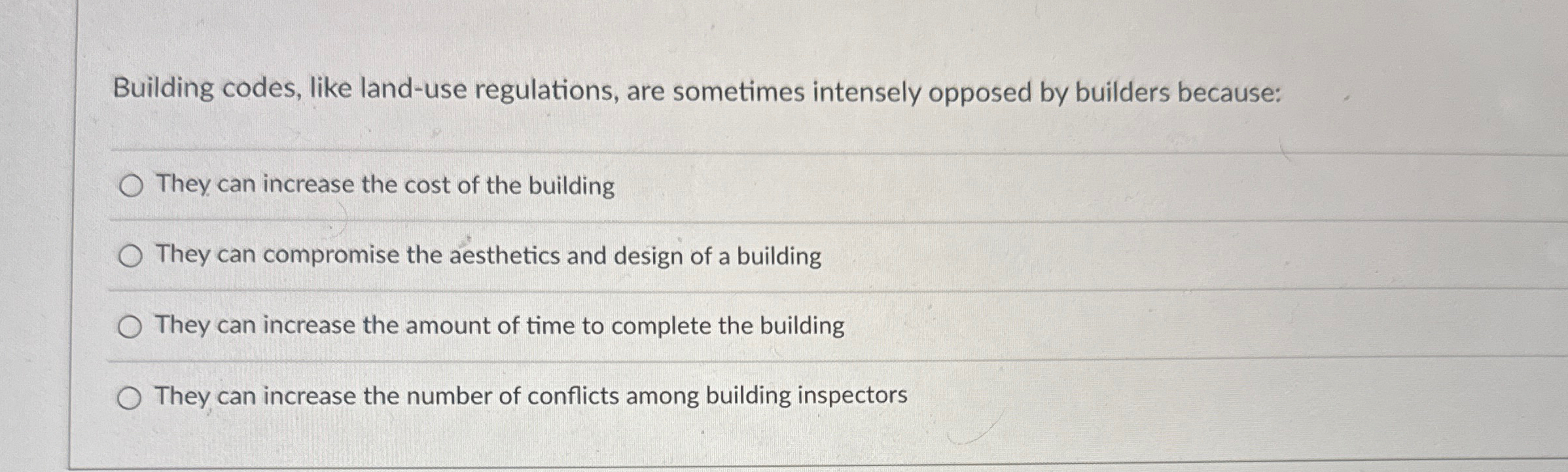Solved Building codes, like land-use regulations, are | Chegg.com