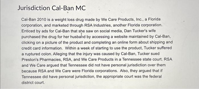 Jurisdiction Cal-Ban MC Cal-Ban 2010 is a weight loss | Chegg.com