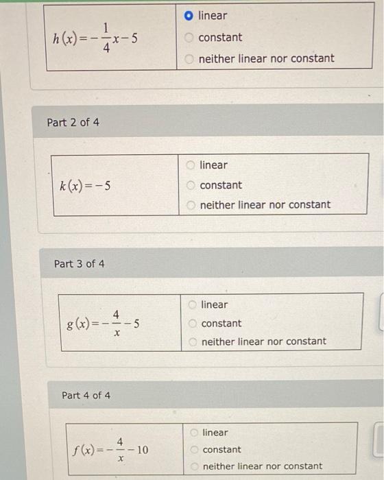 Solved linear 16x)---- 1 -x5 4 constant neither linear nor | Chegg.com