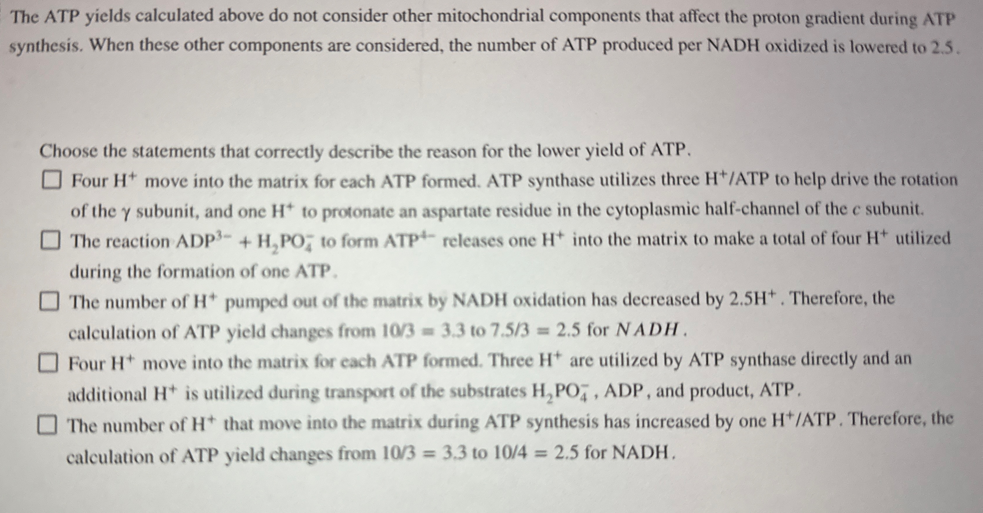 Solved The ATP yields calculated above do not consider other | Chegg.com
