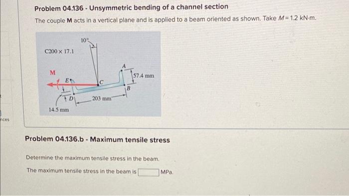 Solved Problem 04.136 - Unsymmetric bending of a channel | Chegg.com