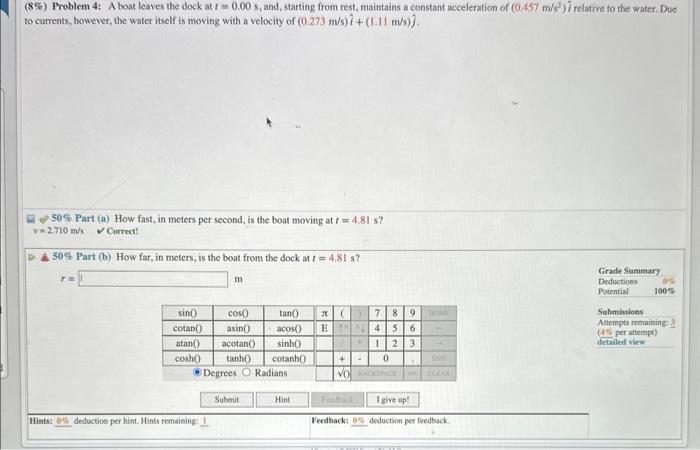 Solved (8\%) Problem 4: A boat leaves the dock at t=0.00 s, | Chegg.com