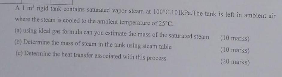 Solved A 1 m3 rigid tank contains saturated vapor steam at | Chegg.com