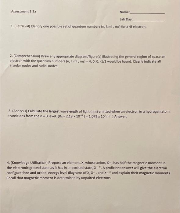 Solved 1. (Retrieval) Identify one possible set of quantum | Chegg.com