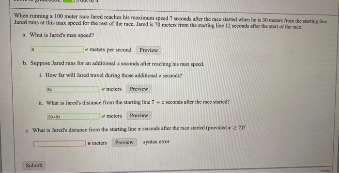 Solved When running a 100 meter race Jared reaches his | Chegg.com