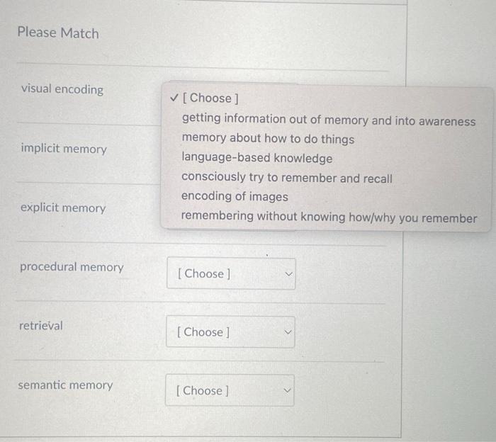 Solved Please Match visual encoding implicit memory explicit | Chegg.com