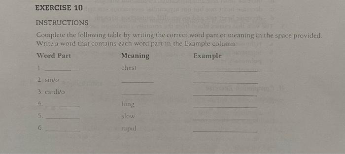 Solved EXERCISE 10 INSTRUCTIONS Complete the following table | Chegg.com