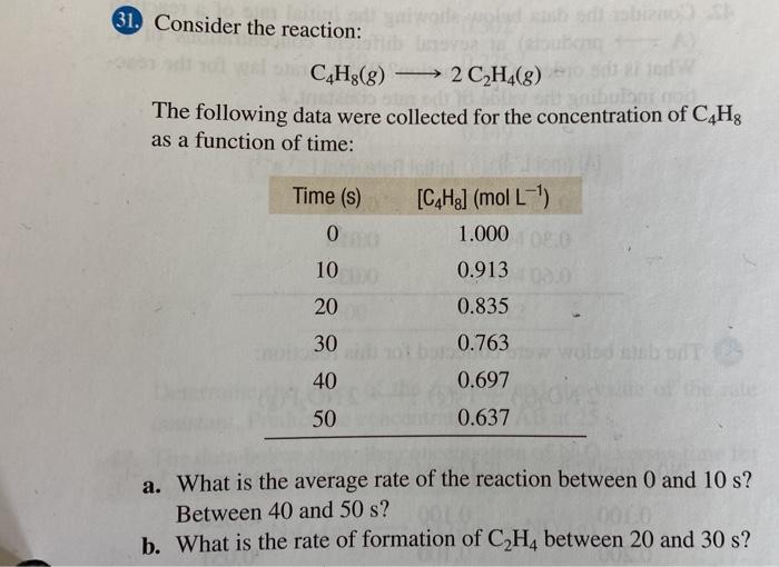 Solved 31. Consider the reaction: C4H3(g) → 2 C2H4(8) The | Chegg.com