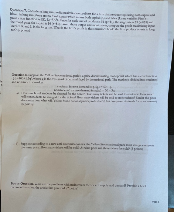 Solved Question 7. Consider a long run profit maximization | Chegg.com