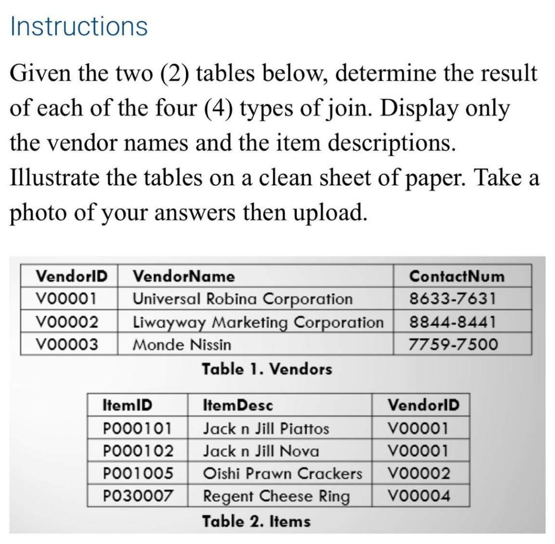 Solved Instructions Given the two (2) tables below, | Chegg.com