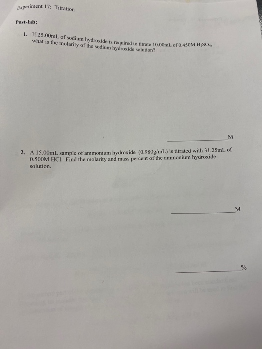 Solved Experiment 17: Titration Prelab: 1. When will you | Chegg.com
