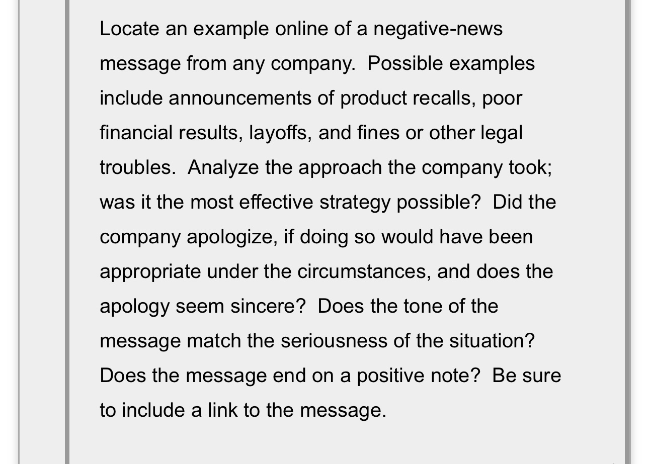 Solved Locate an example online of a negative-news message | Chegg.com