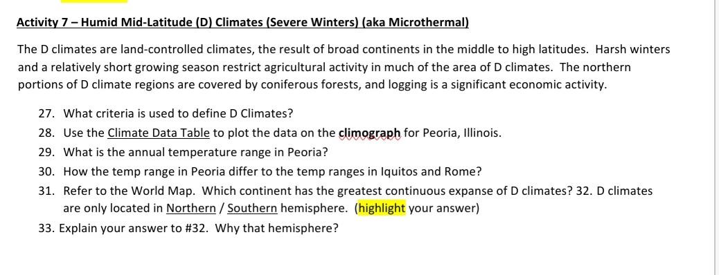 Solved Activity 7 - Humid Mid-Latitude (D) Climates (Severe | Chegg.com