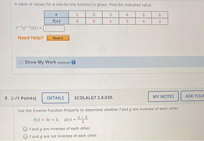 Solved A table of values for a one-to-one function is given. | Chegg.com