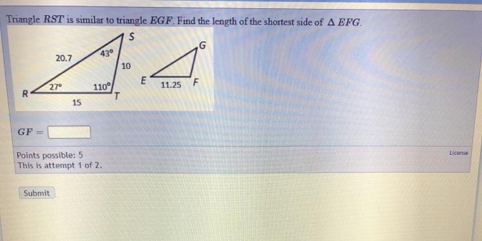 Solved Triangle RST is similar to triangle EGF. Find the | Chegg.com