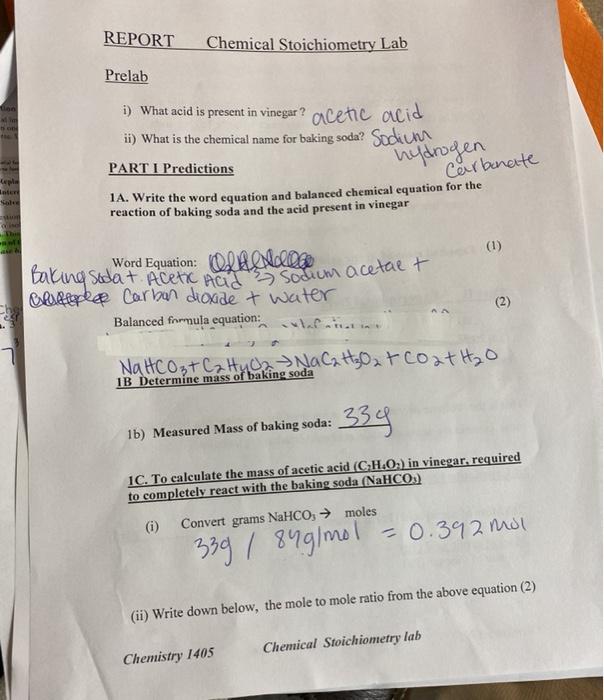 Solved REPORT Chemical Stoichiometry Lab Prelab ton i) What | Chegg.com