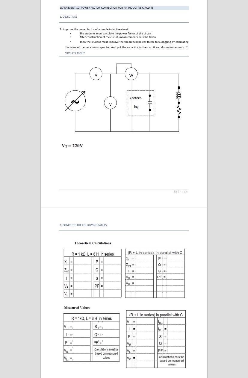 Solved EXPERIMENT 10: POWER FACTOR CORRECTION FOR AN | Chegg.com