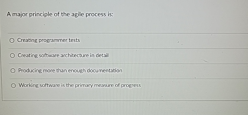 Solved A major principle of the agile process is:Creating | Chegg.com