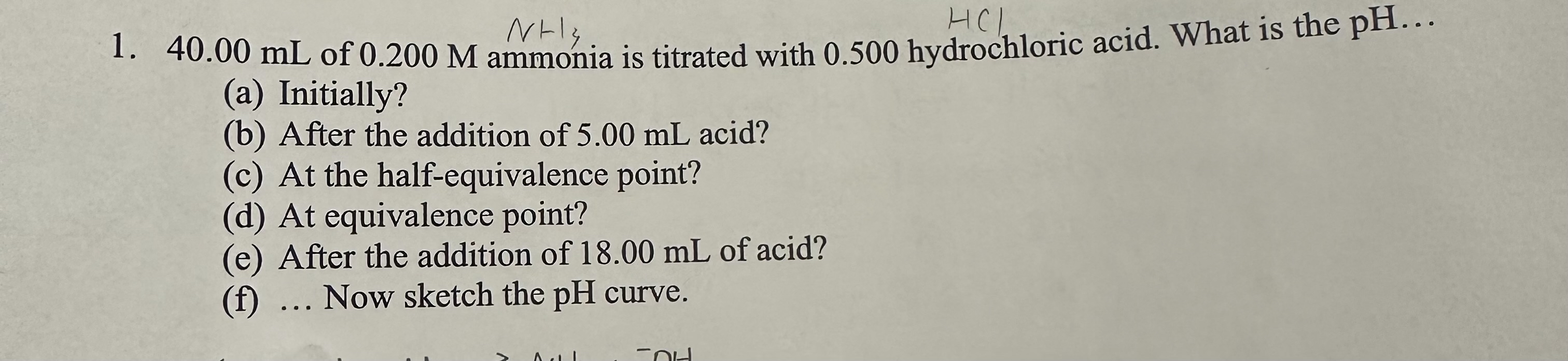 Solved 40.00mL ﻿of 0.200M ﻿ammonia is titrated with 0.500 | Chegg.com