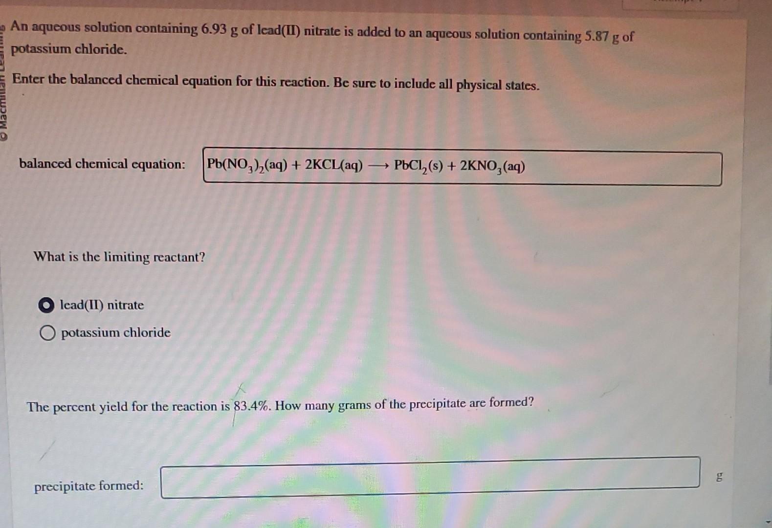 Solved An aqueous solution containing 6.93 g of lead(II) | Chegg.com