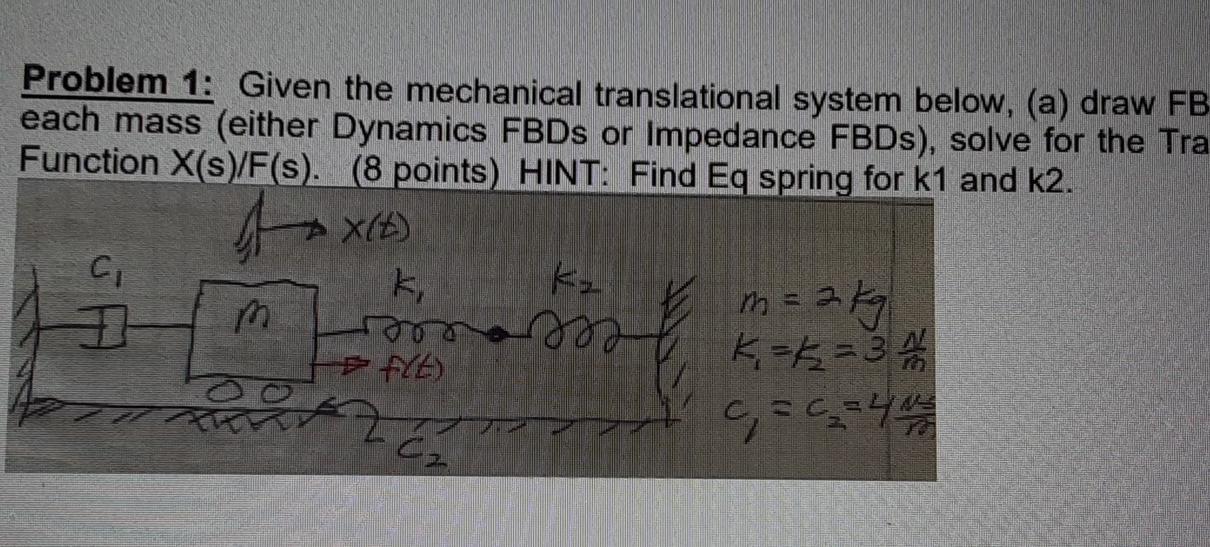 Solved Problem 1: Given the mechanical translational system | Chegg.com