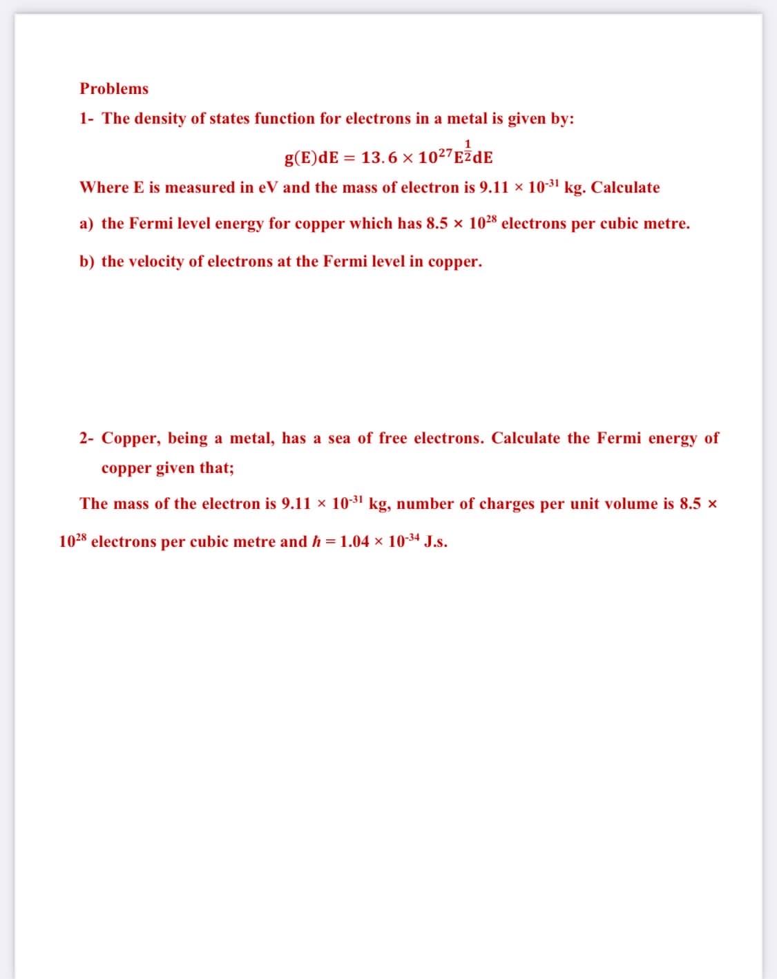 Solved Problems1- ﻿The density of states function for | Chegg.com