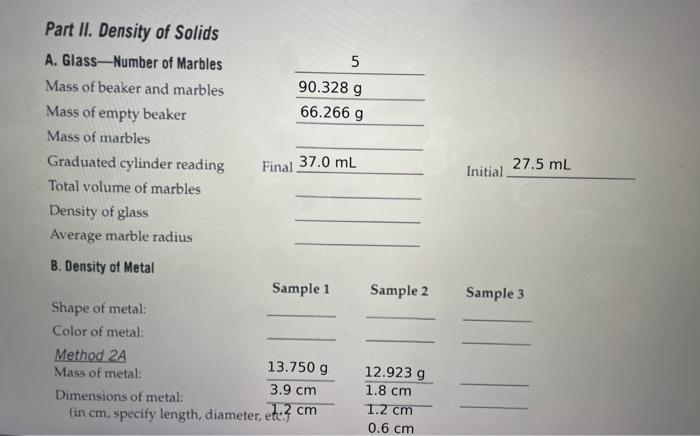 Solved 27.5 mL Initial Part II. Density of Solids A. | Chegg.com