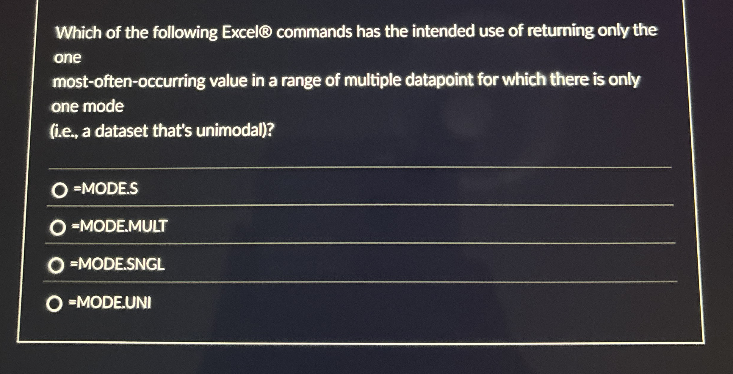 Solved Which of the following Exce!@ commands has the | Chegg.com