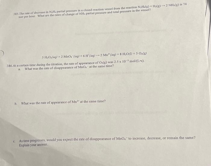 385. The rate of decrease in N₂H4 partial pressure in | Chegg.com